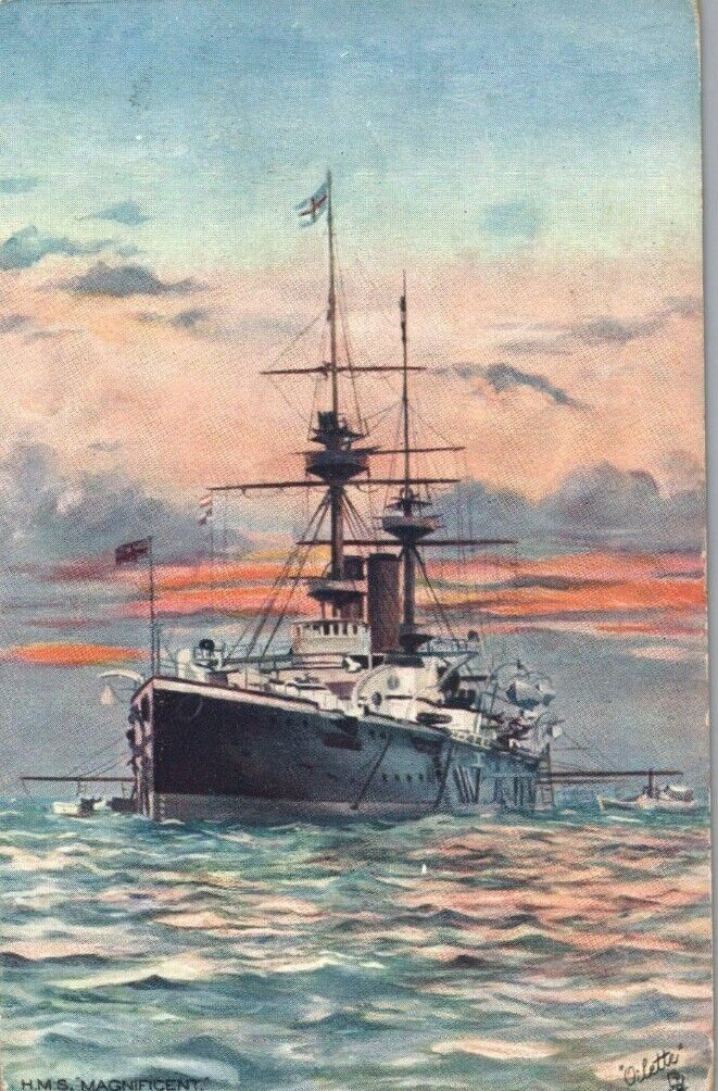 WWI British Royal Navy HMS Magnificent Battleship Raphael Tuck c.1910 ...