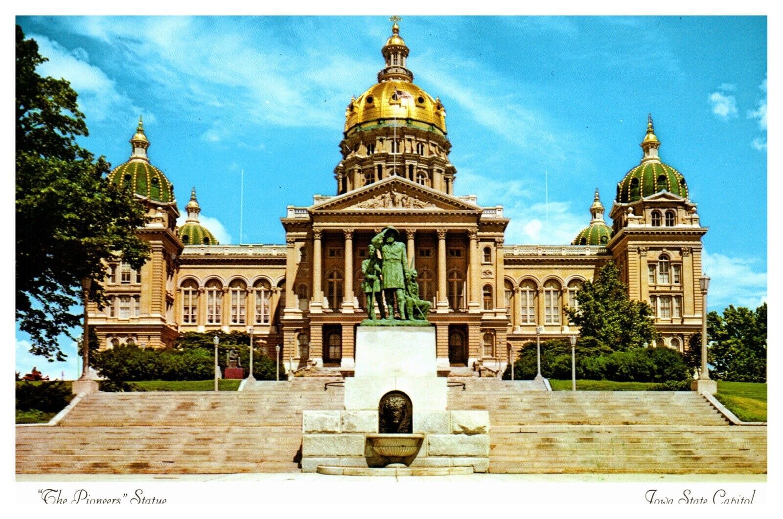 Des Moines Iowa State Capitol Building Pioneers Statue Chrome Postcard ...