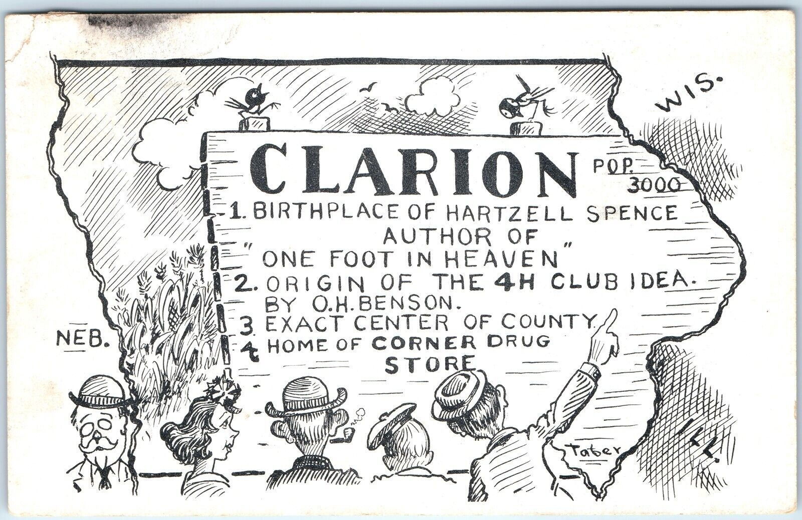 c1940s Clarion, IA Greetings Hartzell Spence 4H Drug Store Art Map ...