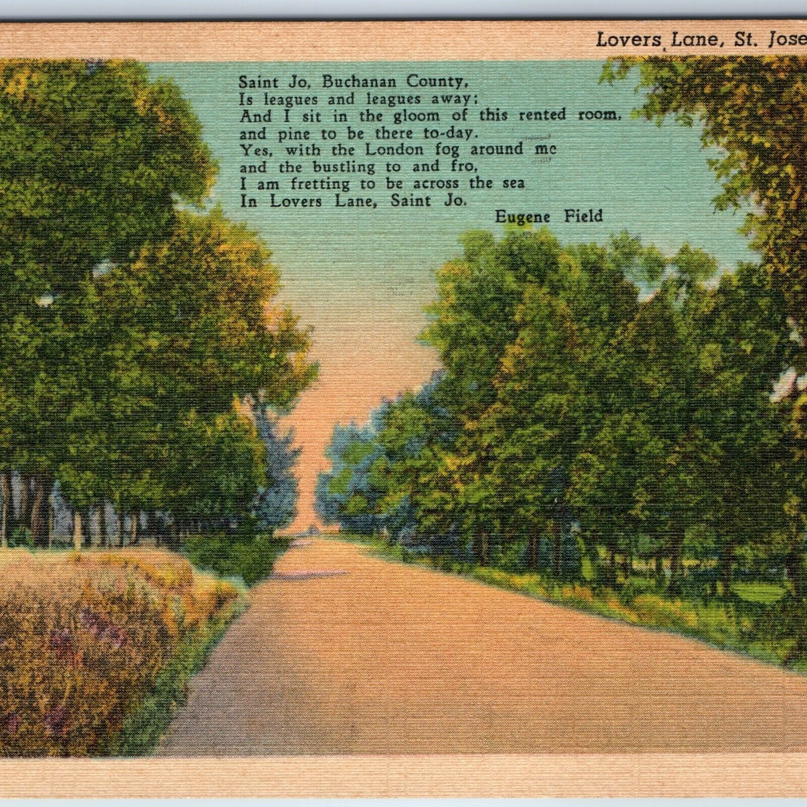 c1930s St. Joseph MO Lover's Lane Roadside Eugene Field Poem Linen ...