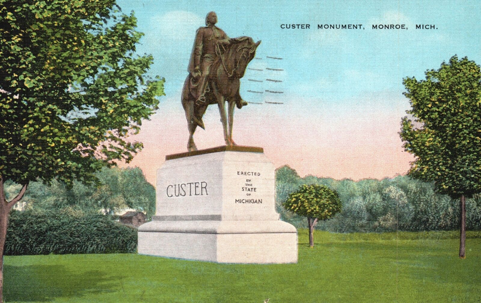 Vintage Postcard 1941 Custer Monument Statue Monroe Michigan Anton W ...