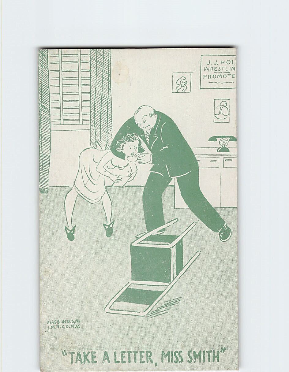 Postcard "Take A Letter, Miss Smith", Man and Lady Wrestling Comic Art ...