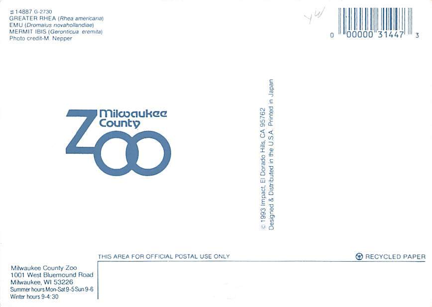 Greater Rhea, Emu, Mermit Ibis Milwaukee Wisconsin USA Zoo Bird Unused ...