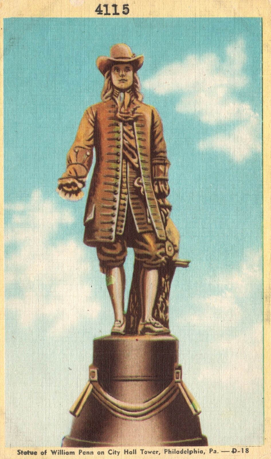Vintage Postcard 1920s Statue of William Penn on City Hall Tower ...
