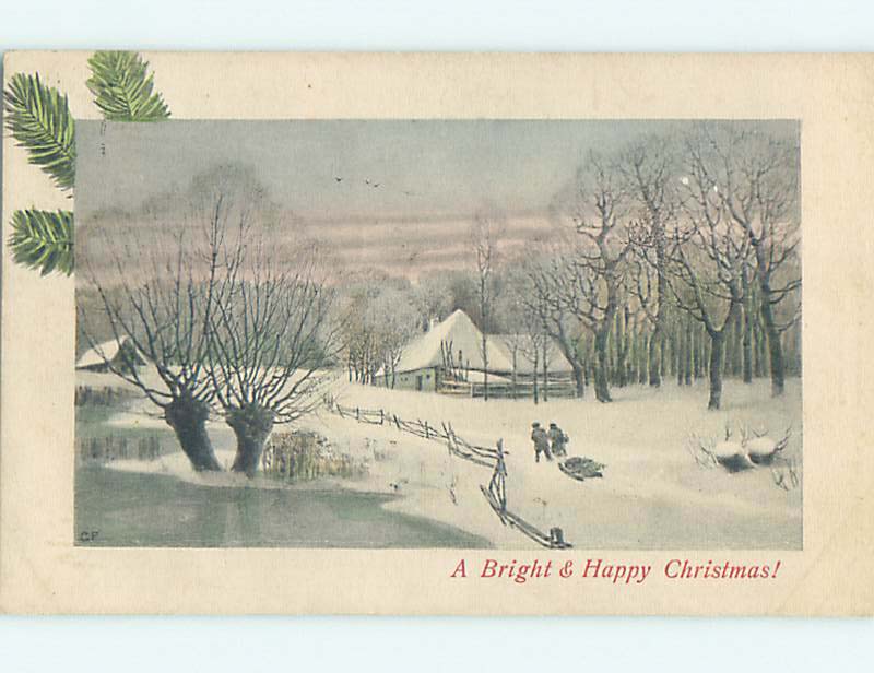 1912 Christmas People Drag Xmas Tree Thru Snow Back to the House O4033 ...