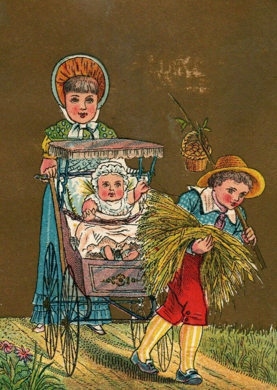 Victorian Trade Card Lady Baby-Carriage Baby Boy Carrying Grain C1 ...