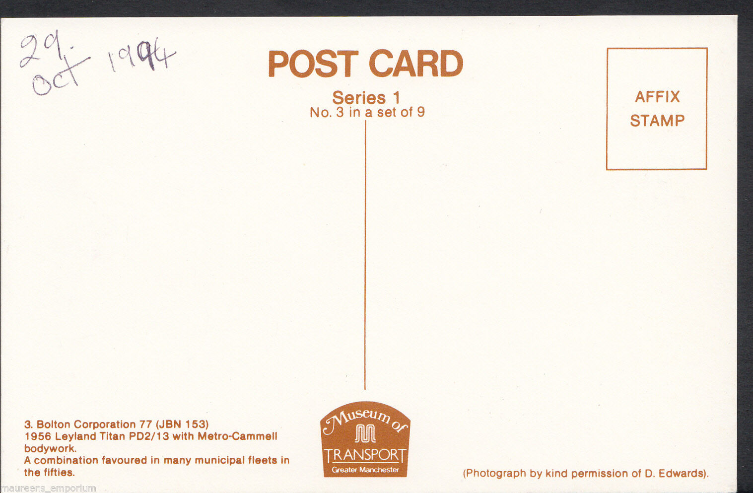 Road Transport Postcard - Bolton Corporation, 1956 Leyland Titan Bus ...