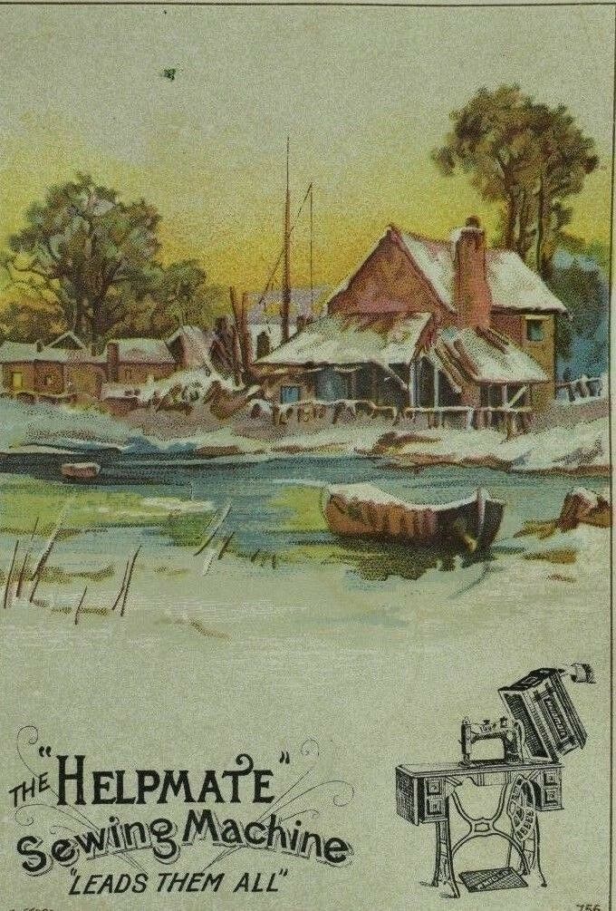 1880's-90's The Helpmate Sewing Machine Lakefront Scene Cottages Boat ...