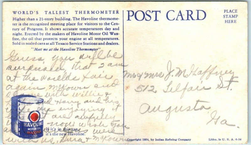 Postcard - World's Tallest Thermometer, Havoline Thermometer - Chicago ...