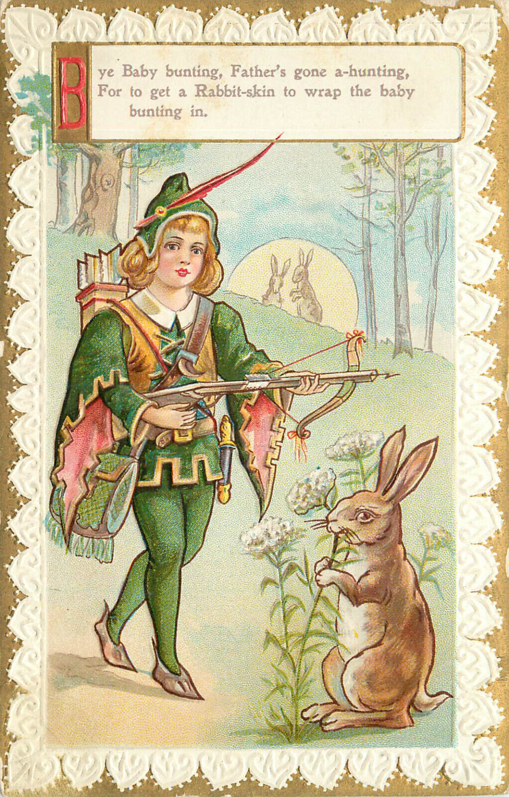 Embossed Postcard Nursery Rhyme Bye Baby Bunting Daddy's Gone a-Hunting ...