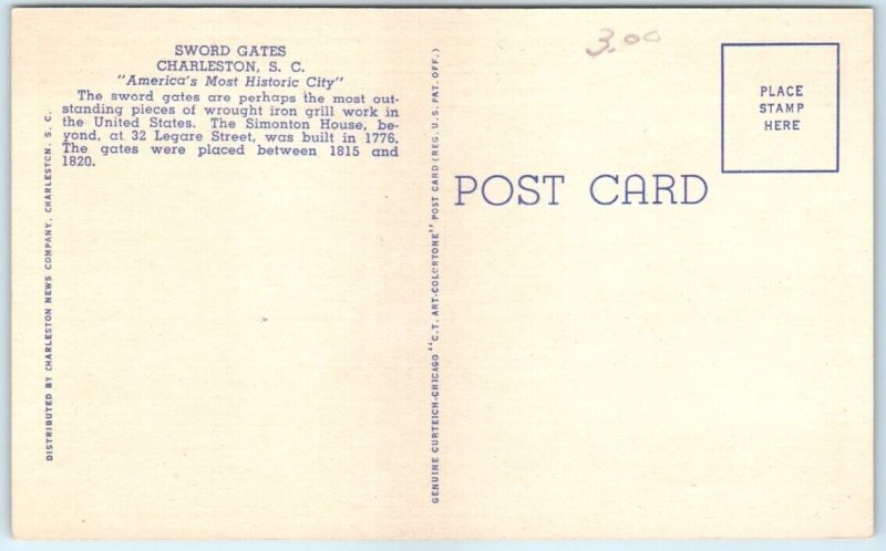 Postcard - Sword Gates, Gateway of Simonton House - Charleston, South ...