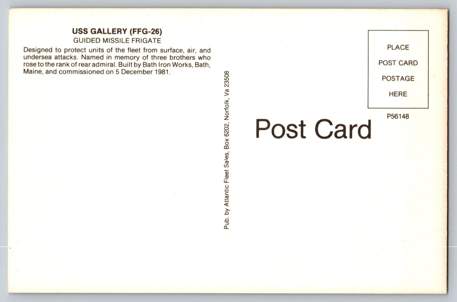 Postcard US Navy Ship - USS Gallery - FFG-26 - Guided Missile Frigate ...