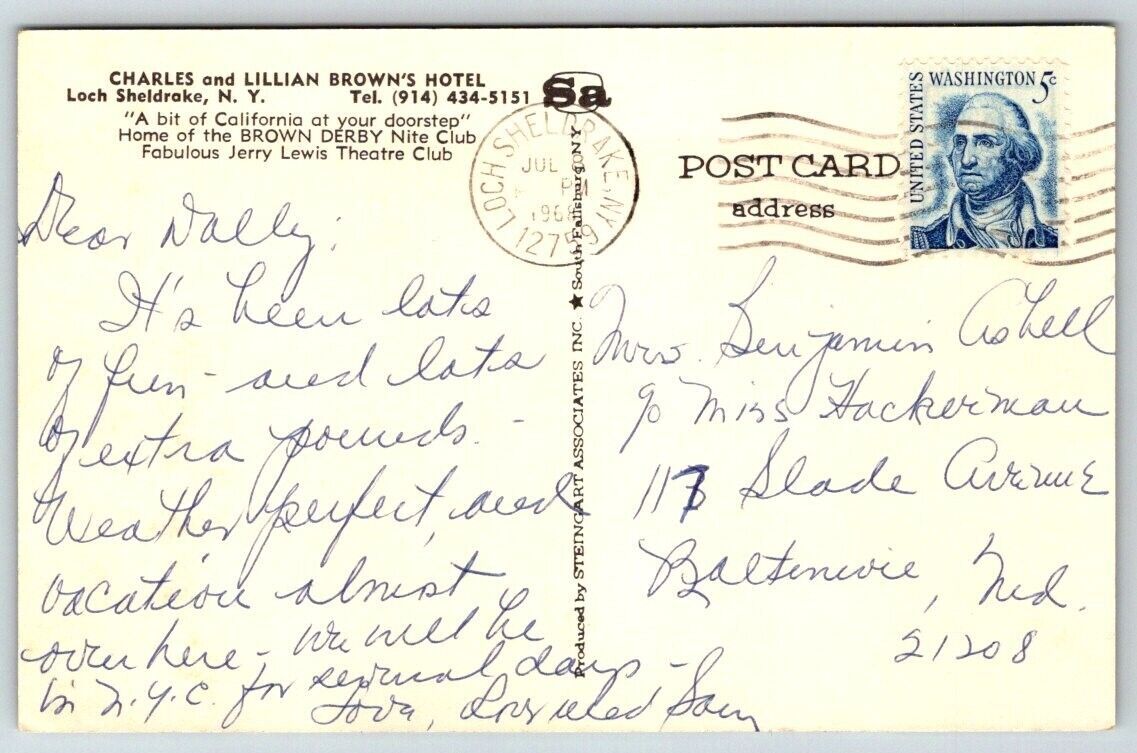 Loch Sheldrake New York Charles & Lillian Brown's Hotel 1970 Postcard ...