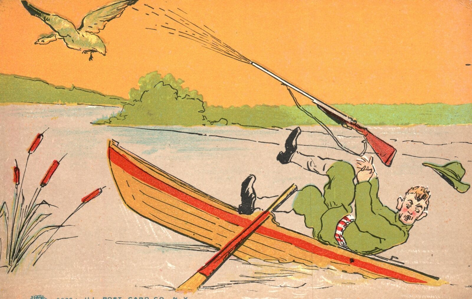 Vintage Postcard 1900's Man Falling Out Of A Boat Hunter Shooting Bird ...