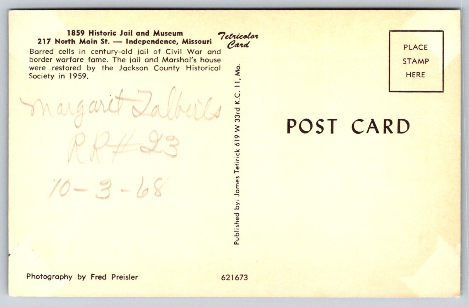 Historic Jail and Museum 1859 Postcard Independence Missouri Bars ...