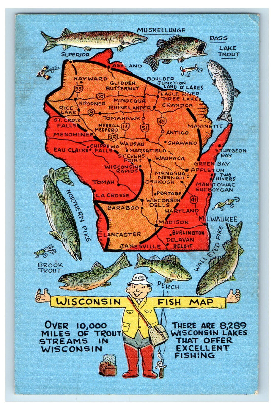 c1950's Fishes, Adventurer with Fishing Equipment, Wisconsin Fish Map ...