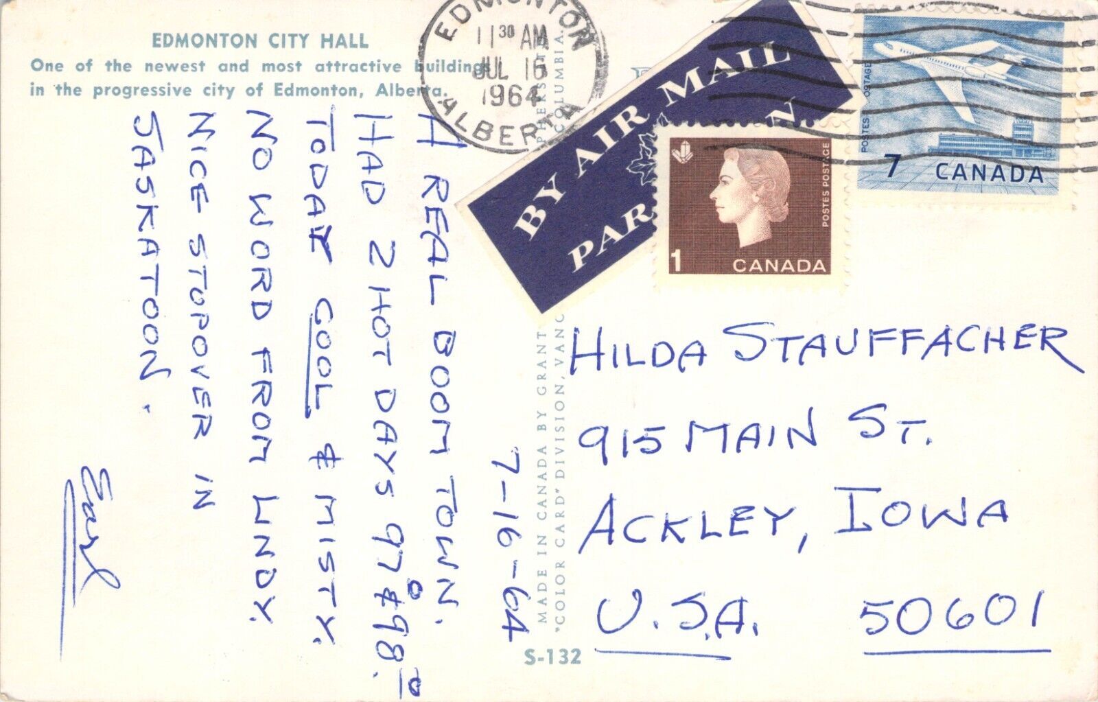 Vintage 1960s Postcard Edmonton City Hall Alberta Canada Posted 1964 ...