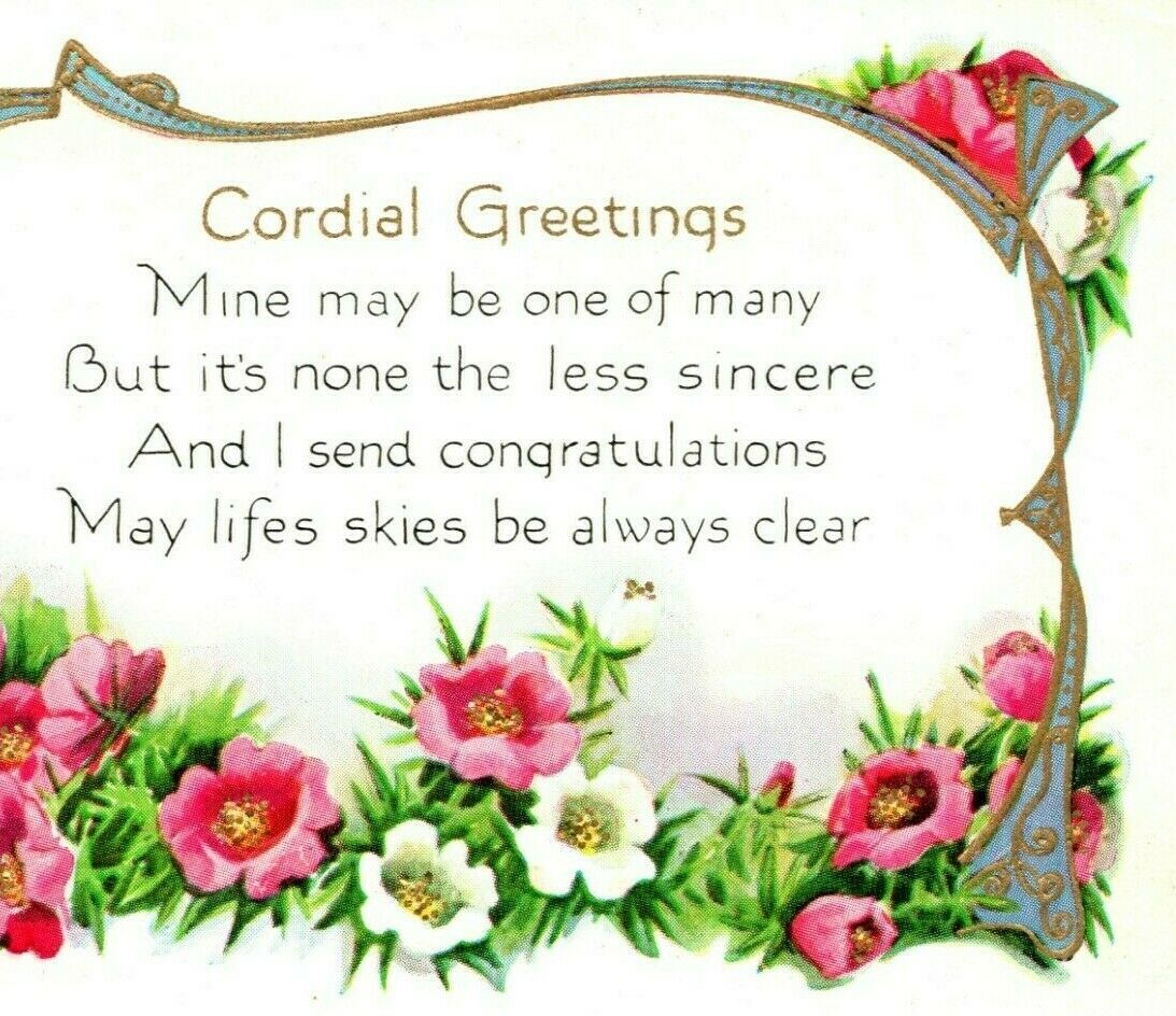Vtg Postcard Unused 1910s Cordial Greetings Congratulations Floral Poem ...