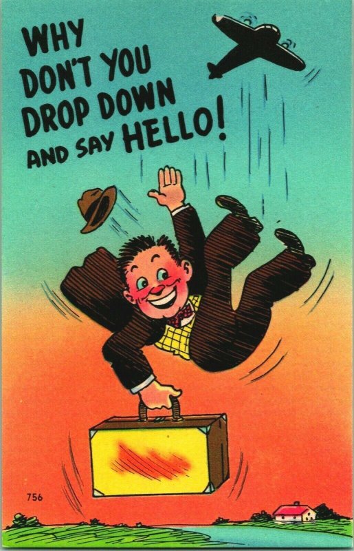 Comic Airplane Skydiving Drop Down and Say Hello UNP Linen Postcard ...