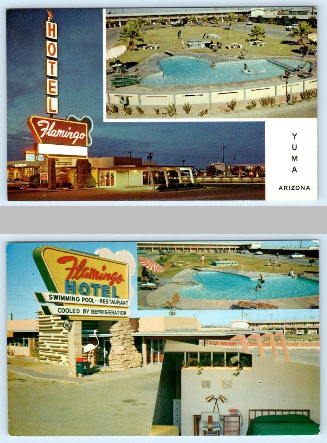 2 Postcards YUMA, Arizona AZ ~ Night/Day FLAMINGO HOTEL Roadside ca ...