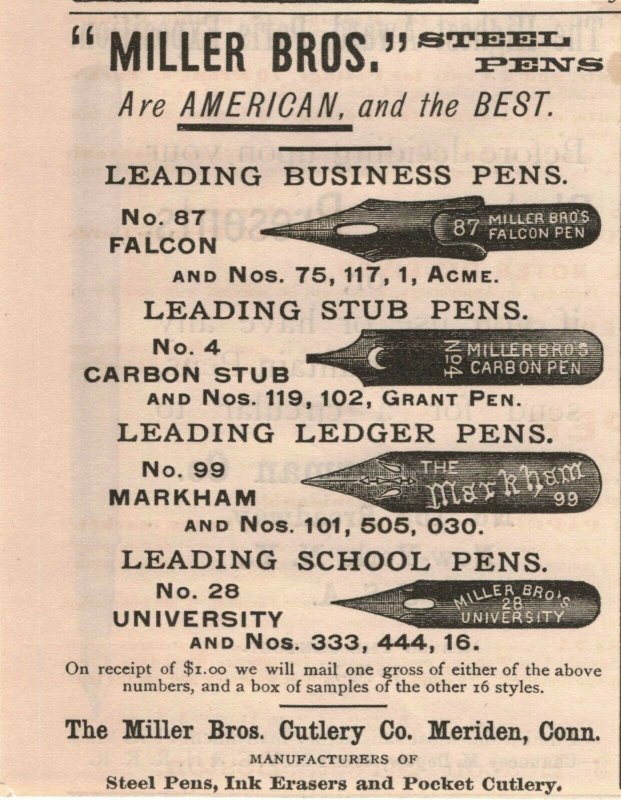 1889 Miller Bros. Steel Pens / Waterman Fountain Pens Victorian Print ...