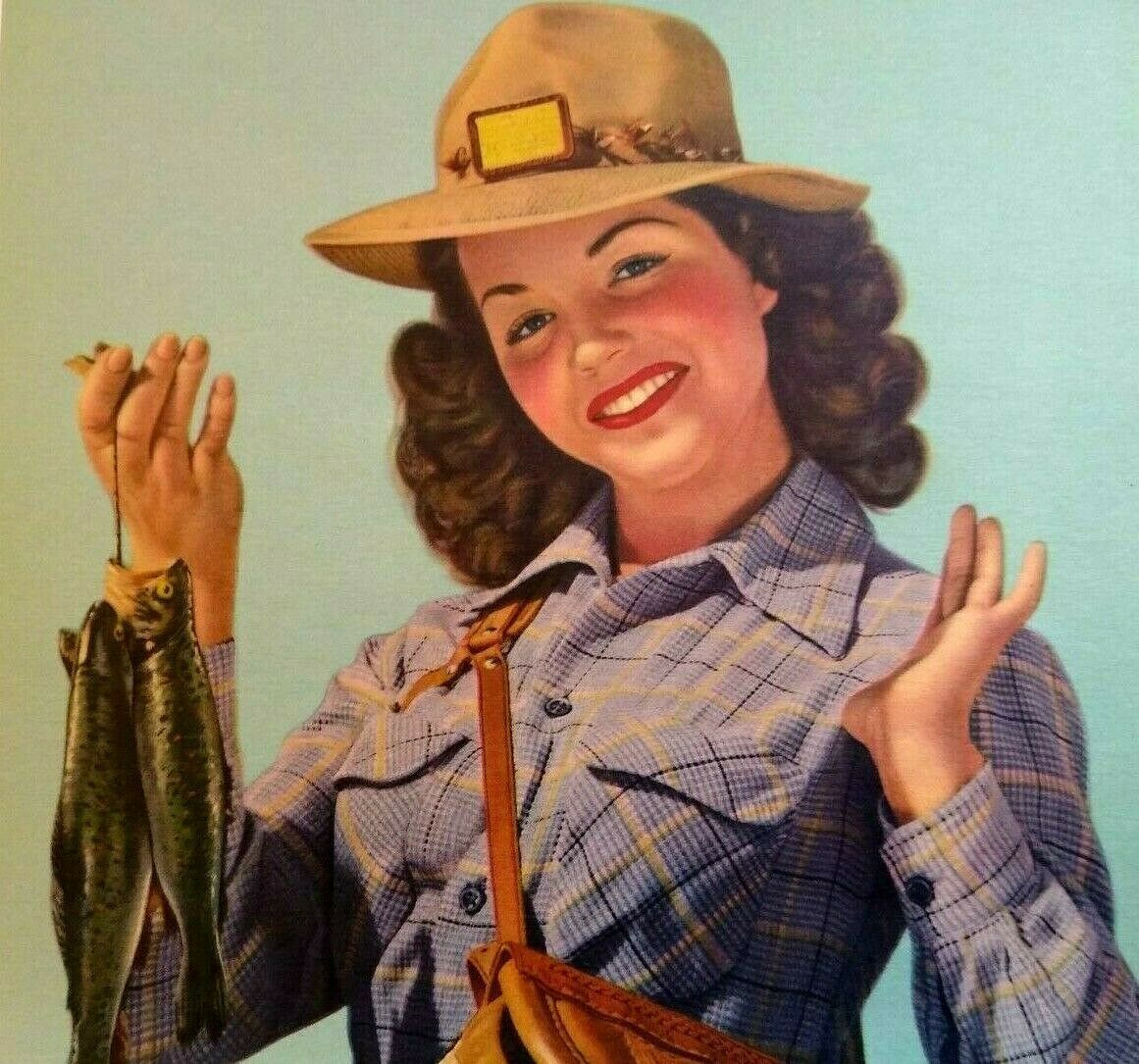 Sexy Lady Fishing Art Print Pin Up 1946 Lithograph Lovely Women Holds ...