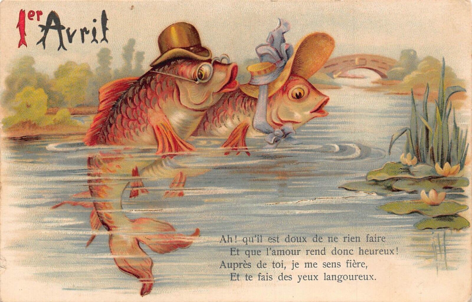 L078 Fool's Day 1st April Couple Fishes humanized fantasy postcard ...