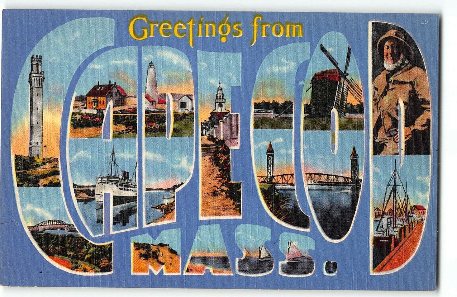 CAPE COD Large Letter Linen Postcard - c 1940 Gorgeous Multiview card ...
