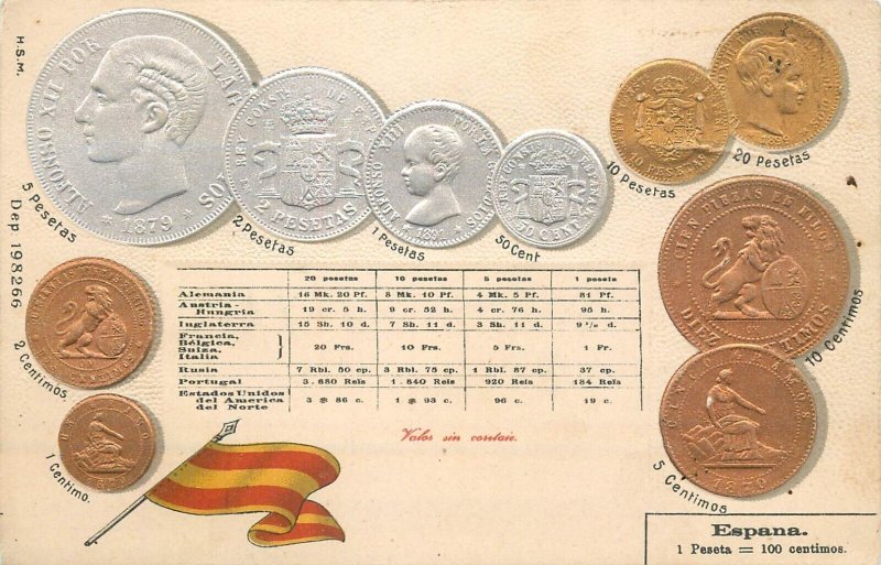 Spain currency coinage embossed coins & national flag 1900s postcard ...