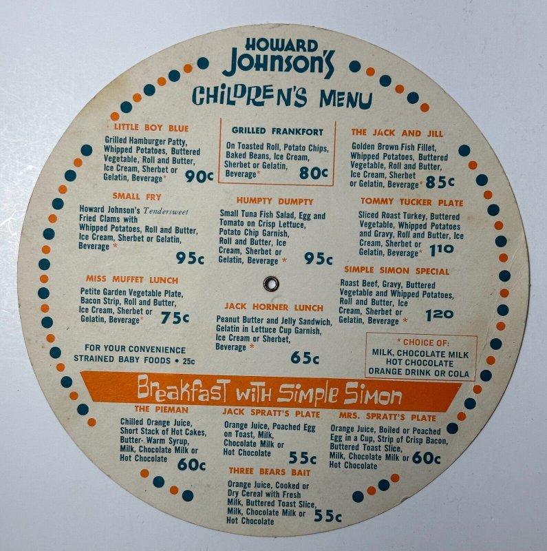 Howard Johnson's Restaurant Children's Know Your States Menu Dial ...