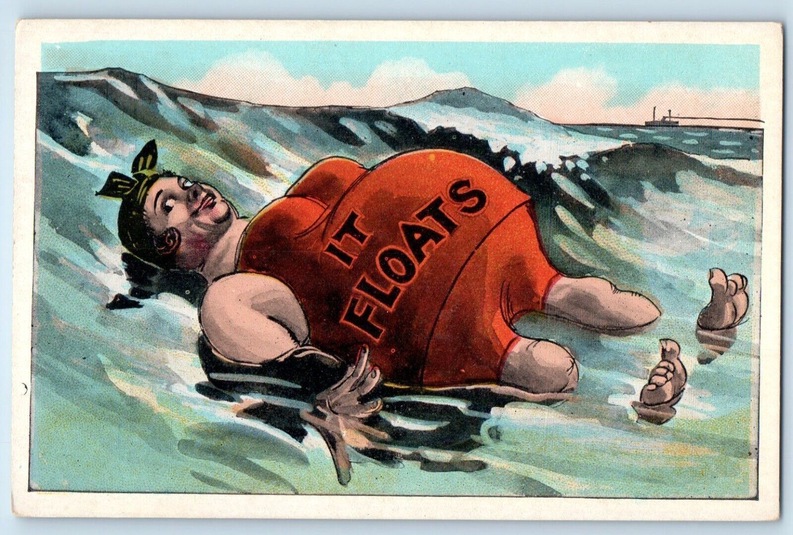 Humor Postcard Fat Woman At The Beach Floating It Floats c1930's ...