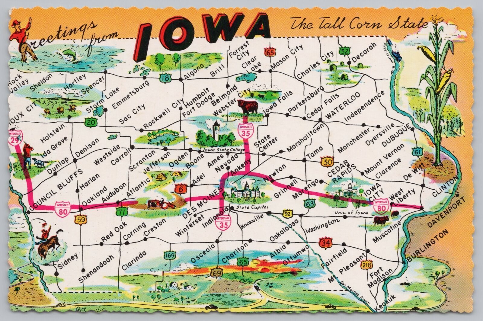 Iowa~State Map with Cities & Mini Pics~Corn~Rodeo~Farming~Continental ...