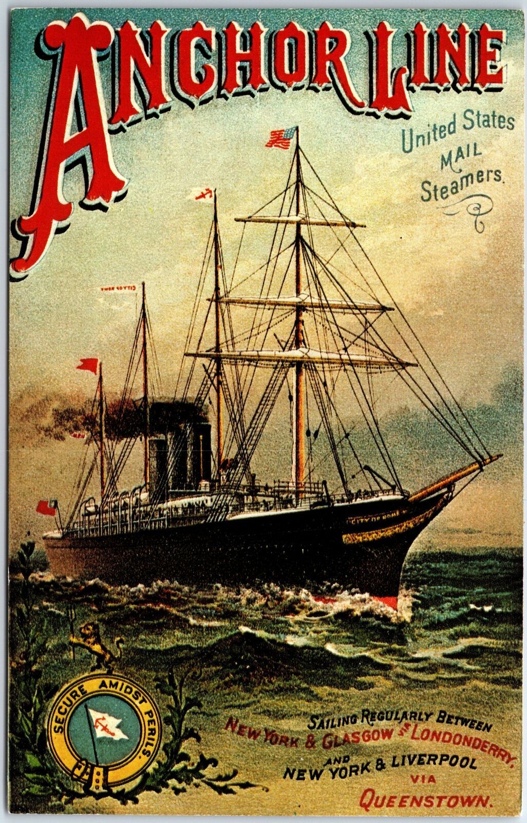 Vintage Postcard Reproduction of the Anchor Line's 1880s "City of Rome ...