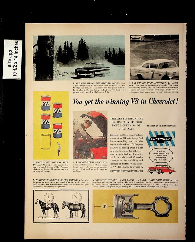 1956 Chevrolet V8 Engine Horsepower Vintage Print ad 8842 | Ephemera ...