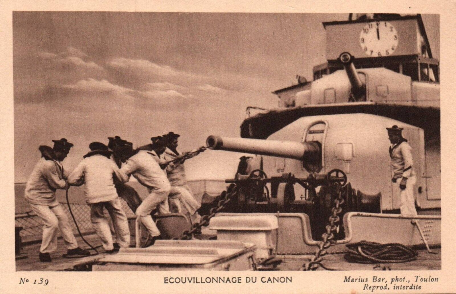 French Navy Destroyer Battleship Sailors Cleaning Gun Barrel Swab - War ...