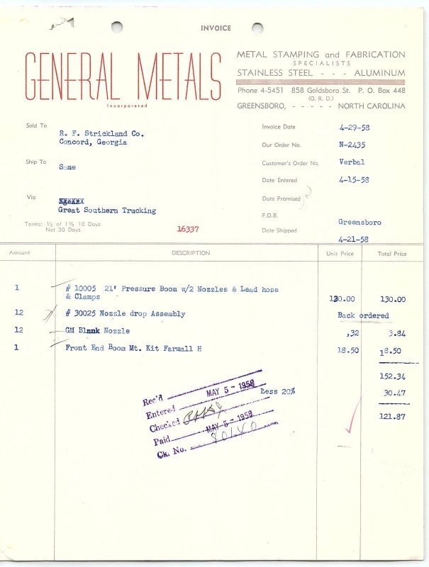 1958 General Metals Greensboro NC Metal Steel Fabrication Billhead ...