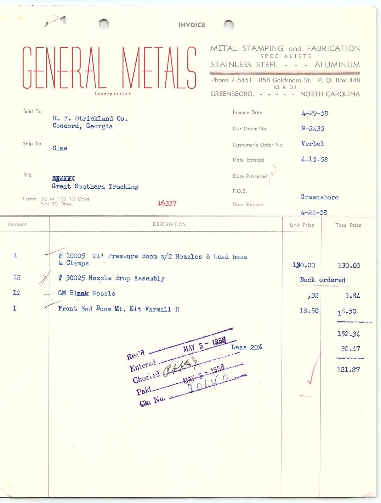 1958 General Metals Greensboro NC Metal Steel Fabrication Billhead ...