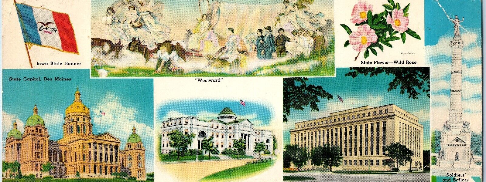 8" Panoramic c1960s Iowa Info Illustrated Collage Oversize King ...