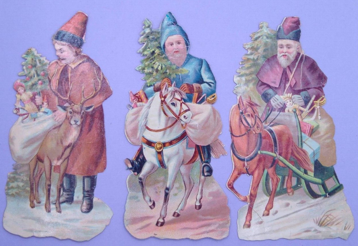 1880s - 1890s Santa Brown Blue Purple Robe In Horses Die Cuts Victorian ...