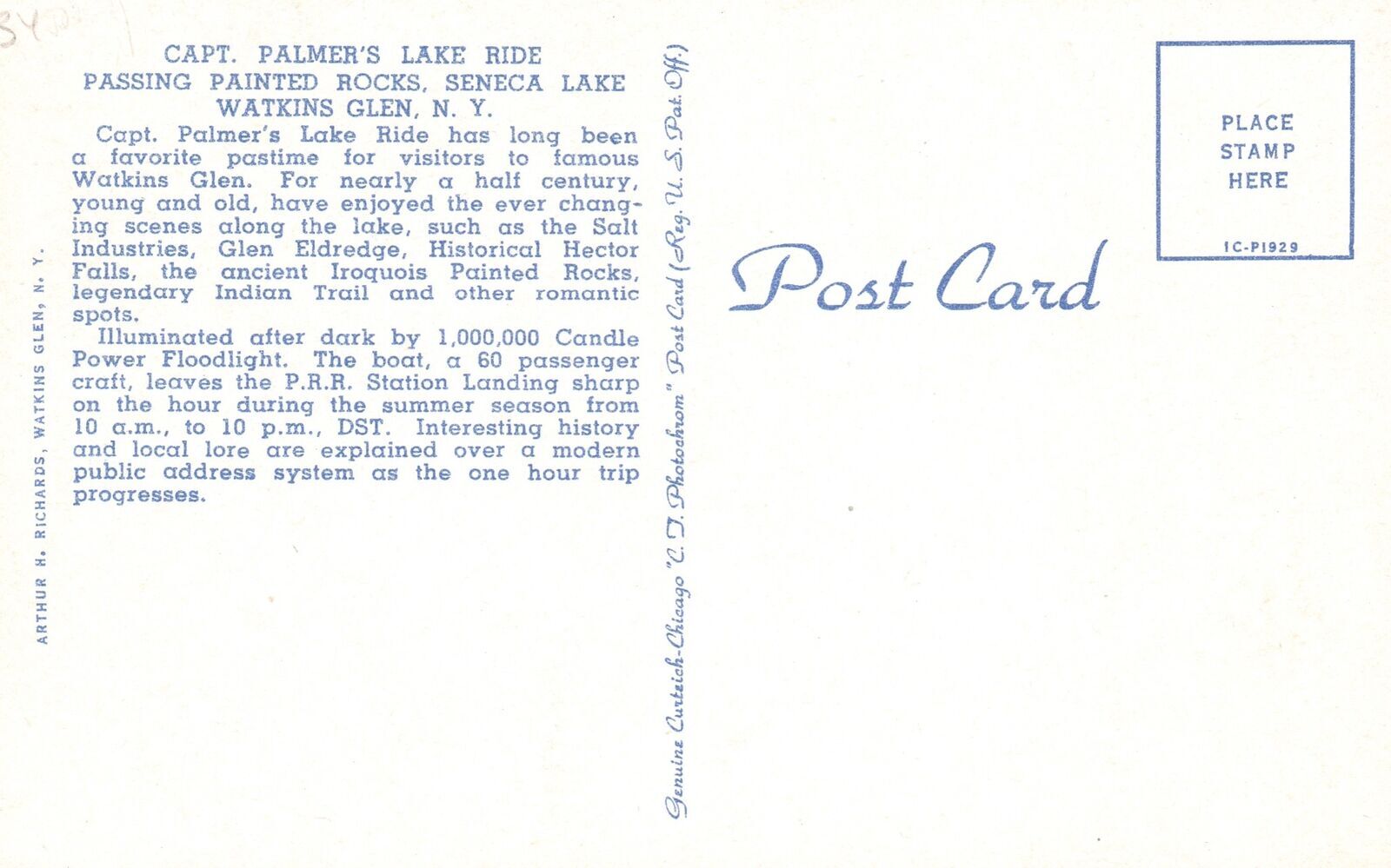 Vintage Postcard Capt. Palmers' Lake Ride Painted Rocks Seneca Lake ...