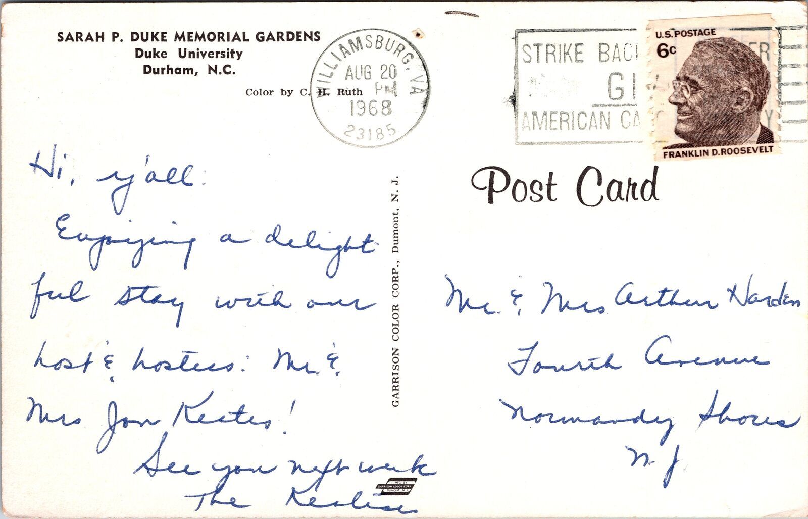 Vintage Postcard Sarah P. Duke Memorial Gardens Duke University Durham ...