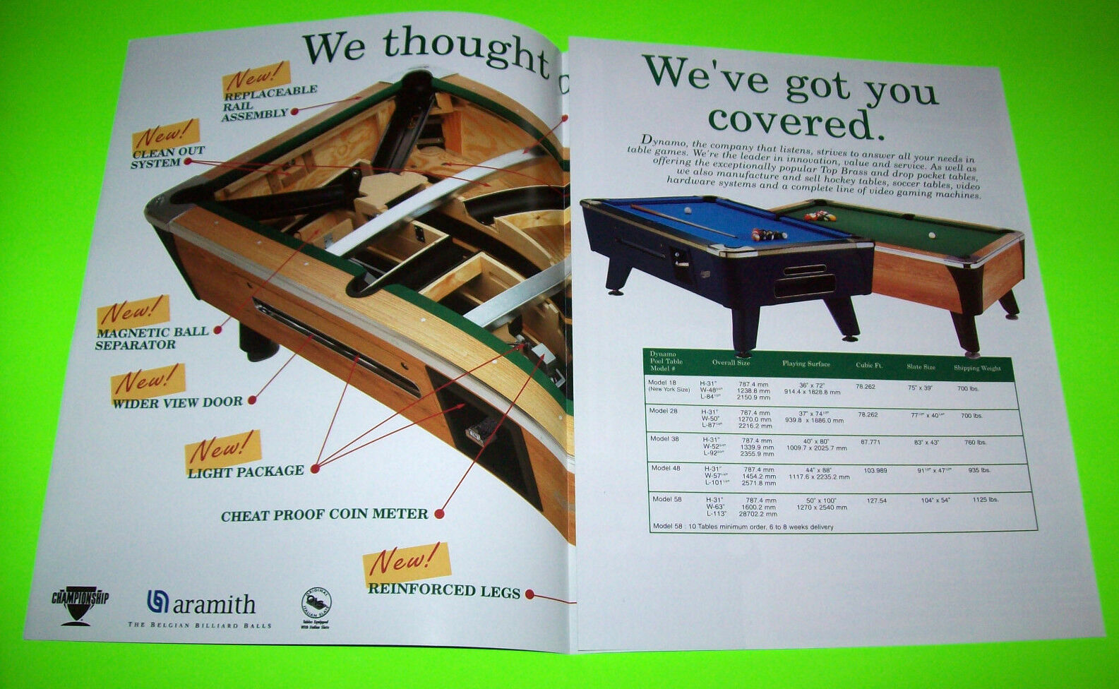 Dynamo Pool Tables NOS Original Vintage Fold-Out Sales Flyer Brochure ...
