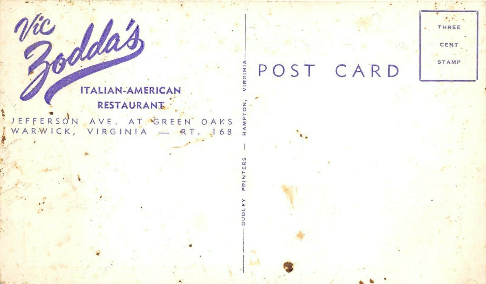 Warwick Virignia 1940s Postcard Vic Zodda's Italian American Restuarant ...