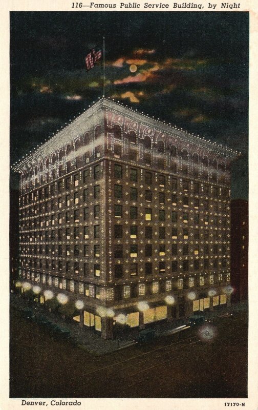 Vintage Postcard 1920's Public Service Building by Night Denver ...