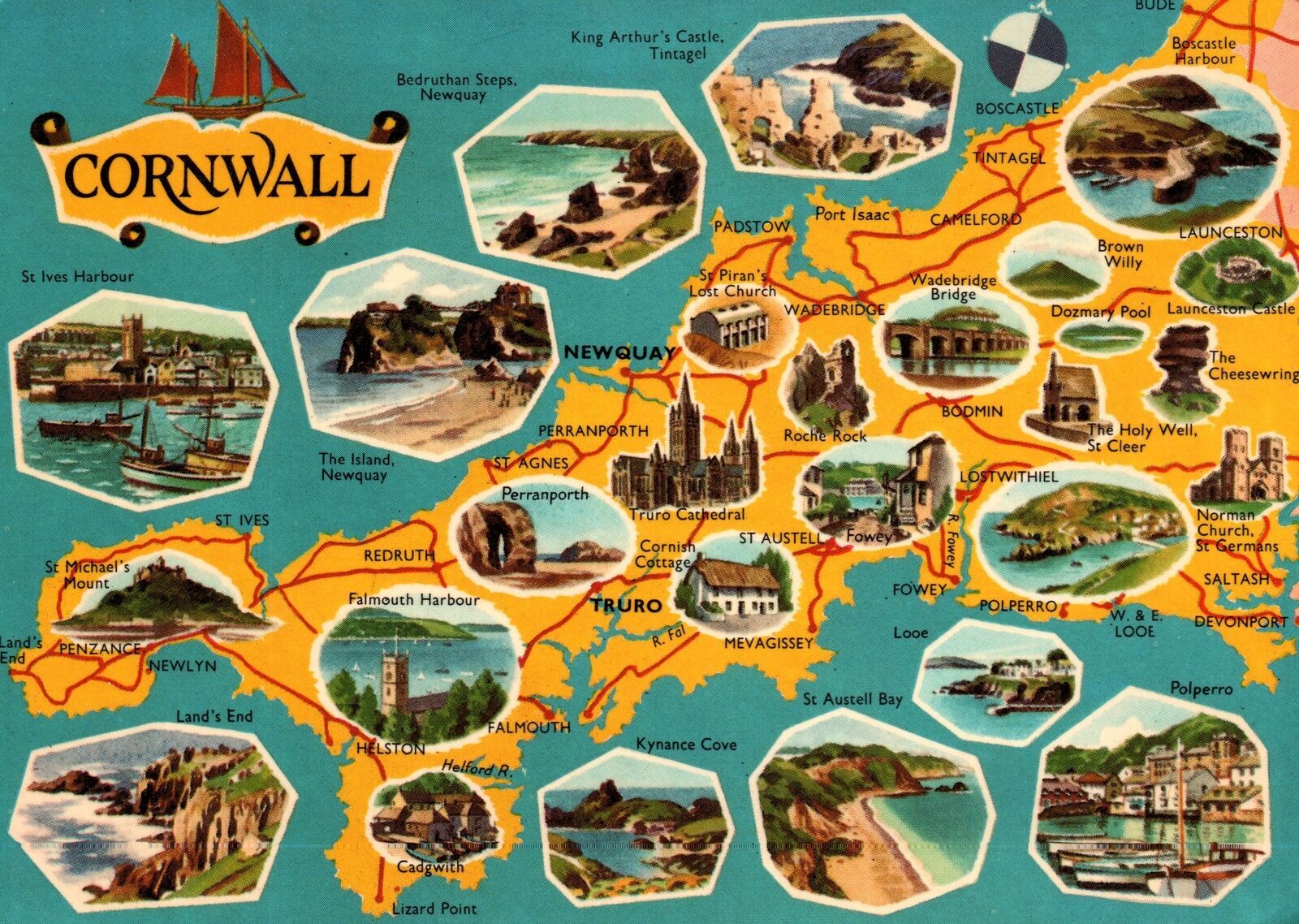 Vintage Continental Size Postcard Cornwall U.K. MAP | Europe - United ...