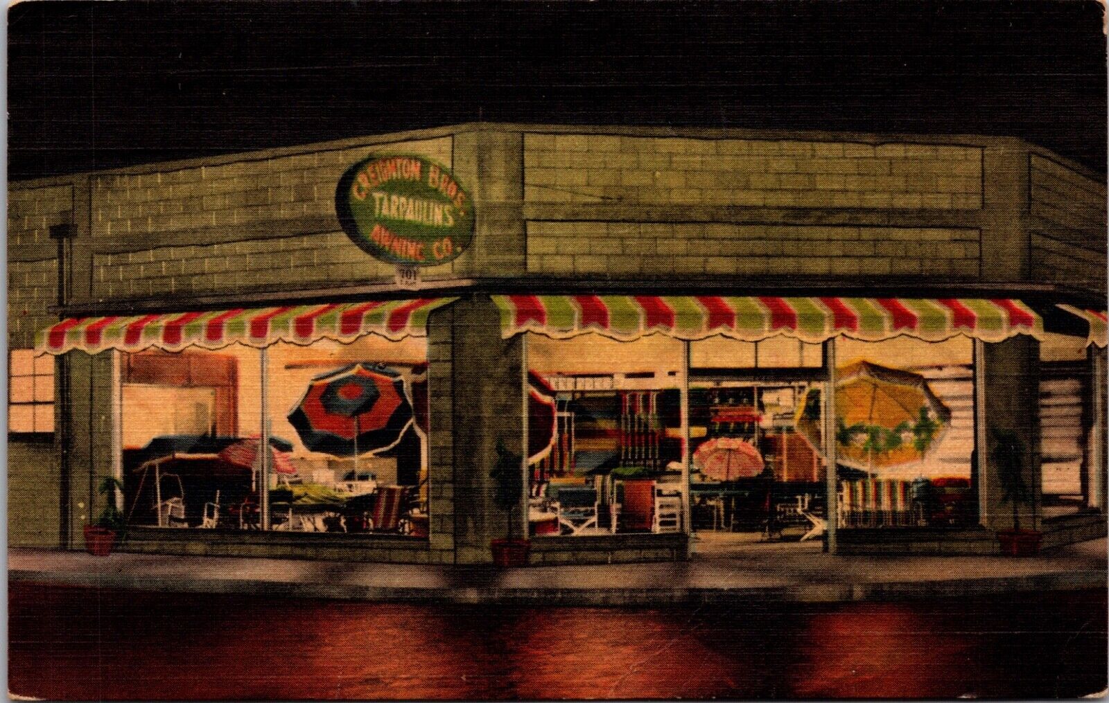 Linen Postcard Creighton Bros. Awning Co 701 E. Platt Street in Tampa ...