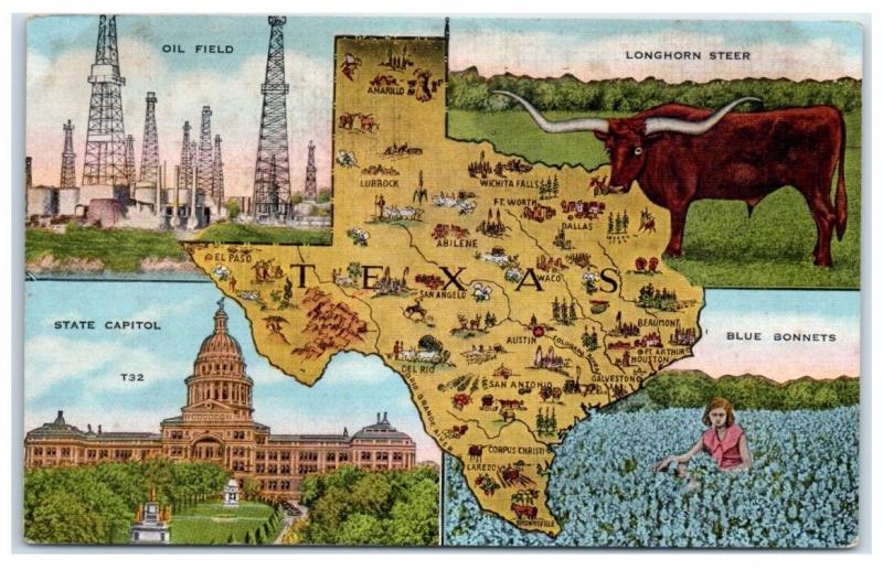 Mid-1900s Texas State Map, Oil Field, Longhorn Steer, & Blue Bonnets ...