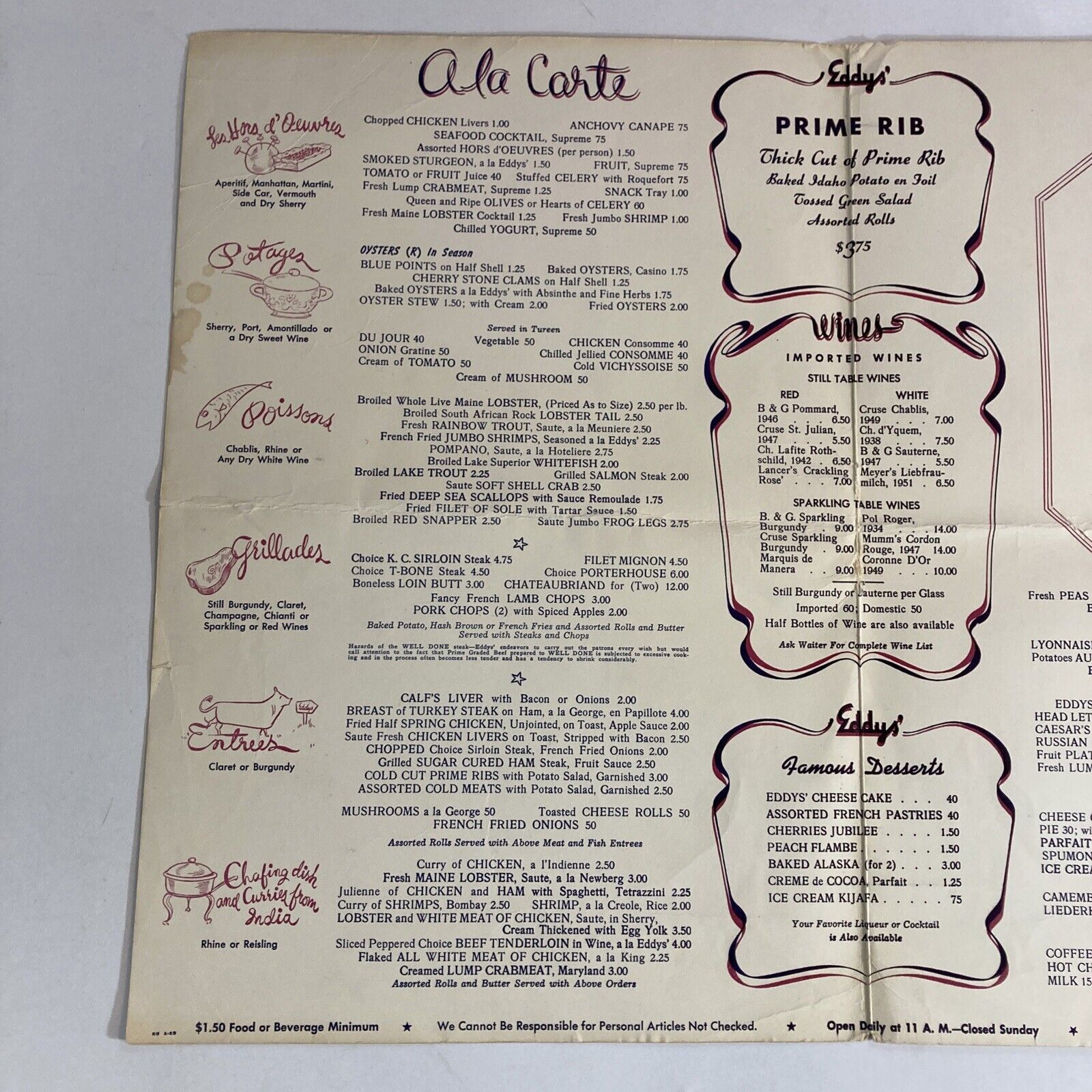 1955 Eddy's Restuarant Oversize Dinner Menu Vintage Kansas City ...