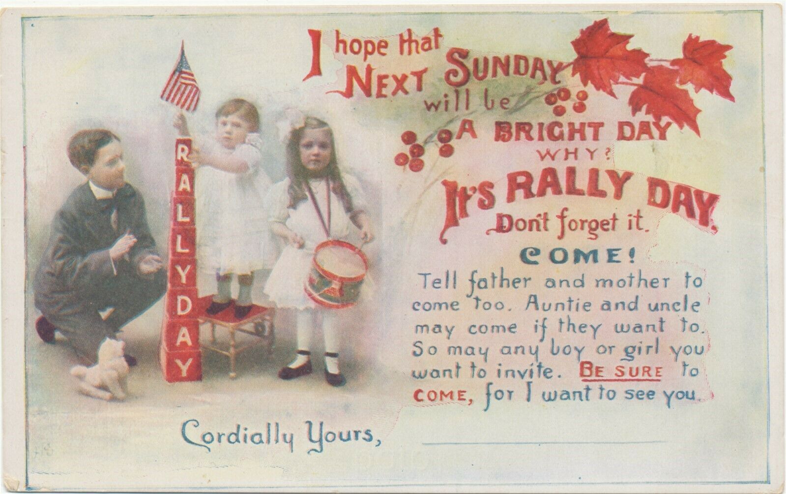 Postcard Rally Day Sunday School Children Blocks Toy Cat Drum American ...
