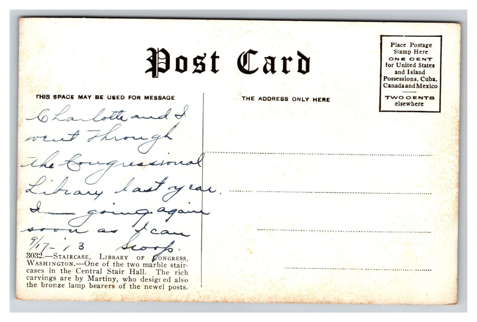 Vintage 1910s Postcard Grand Staircase, Library of Congress, Washington ...